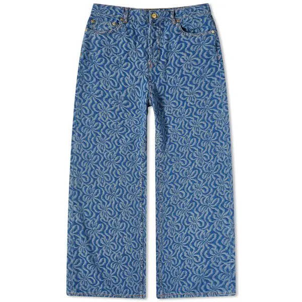 Ganni Denim Wide Leg Jacquard Pants In Mid Blue Stone - 55